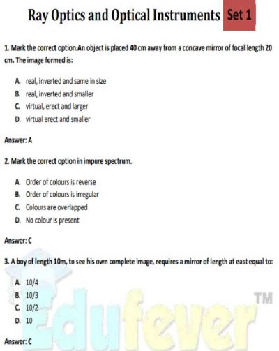 Class 12th Ray Optics and Optical Instruments MCQ E-Book
