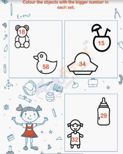 Class UKG - Color the Object with Bigger Number Worksheets in PDF