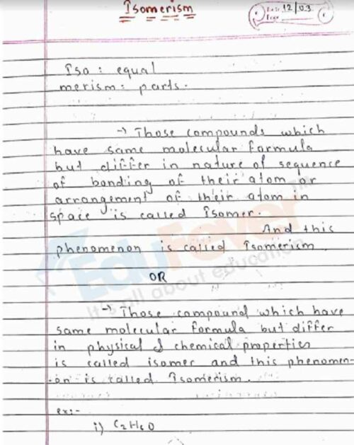 Isomerism Hand Written Notes for JEE Main & NEET 2021 Entrance Exam