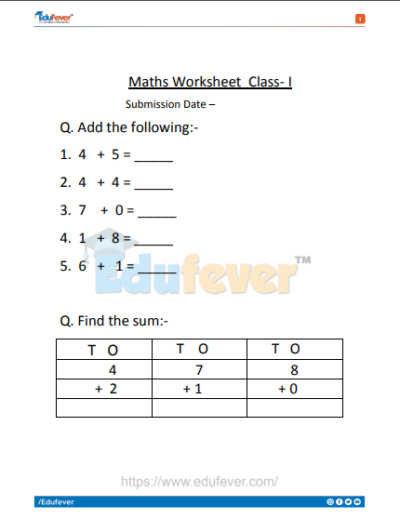 CBSE Class 1 Maths Worksheet in PDF