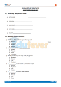 CBSE Class 1 Parts Of Computer Worksheet