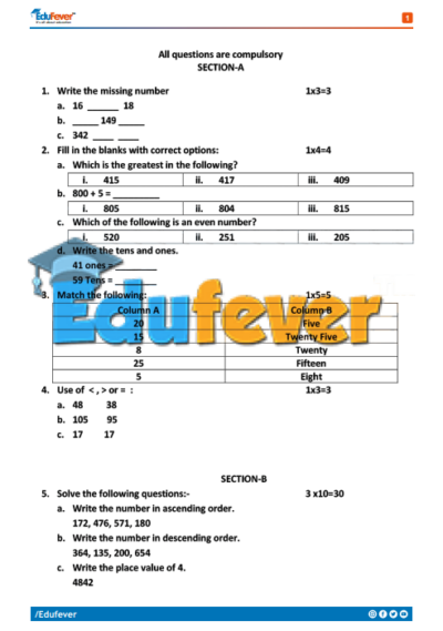 CBSE Class 2 Maths Sample Paper in PDF