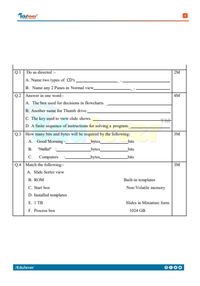 CBSE Class 5 Computer Sample Paper in PDF