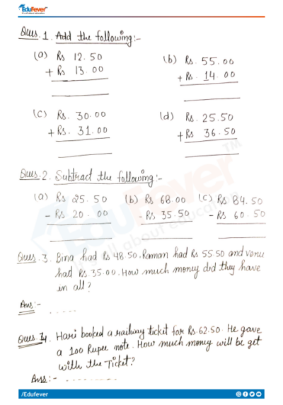 CBSE Class 3 Math Rupees and Paise Worksheet with Solutions