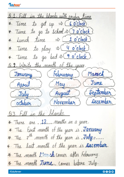 Class 1 Math Time Worksheet with Solution