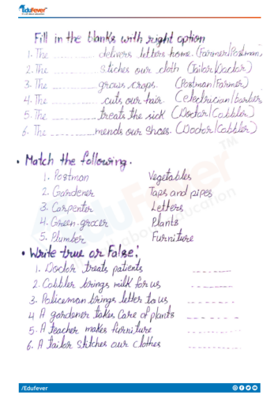 Class 1 EVS Our Helpers Worksheet with Solution